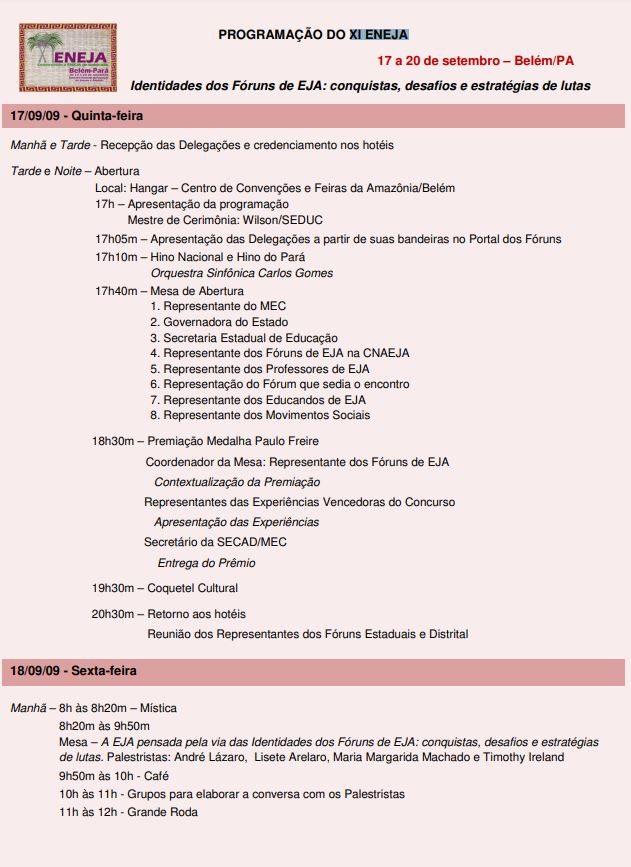 Programação do XI ENEJA: Identidades dos Fóruns de EJA: conquistas ...
