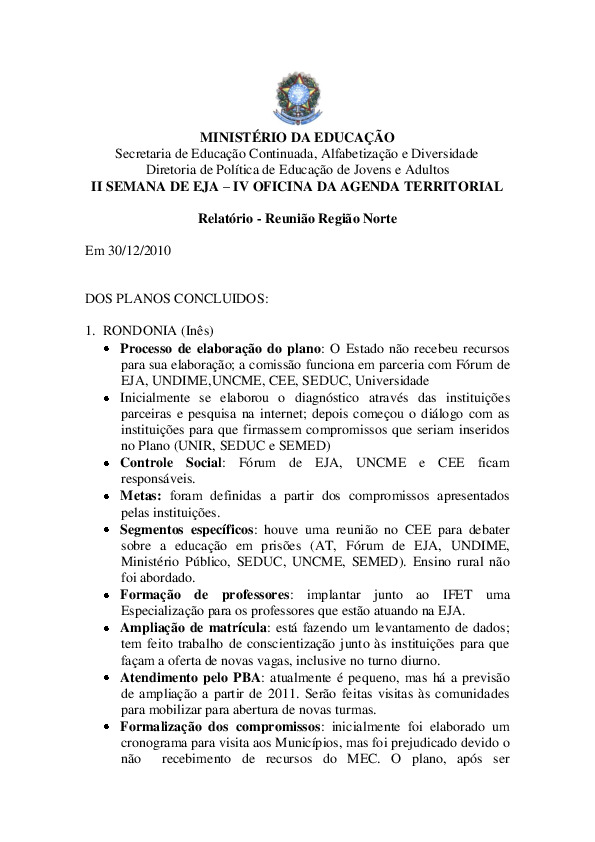 II Semana de EJA: relatório reunião Região Norte – Fórum EJA Brasil