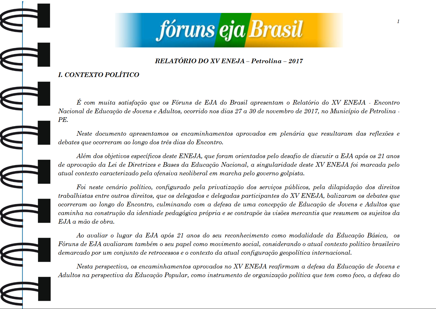 Relatório do XV Encontro Nacional de Educação de Jovens e Adultos XV ...