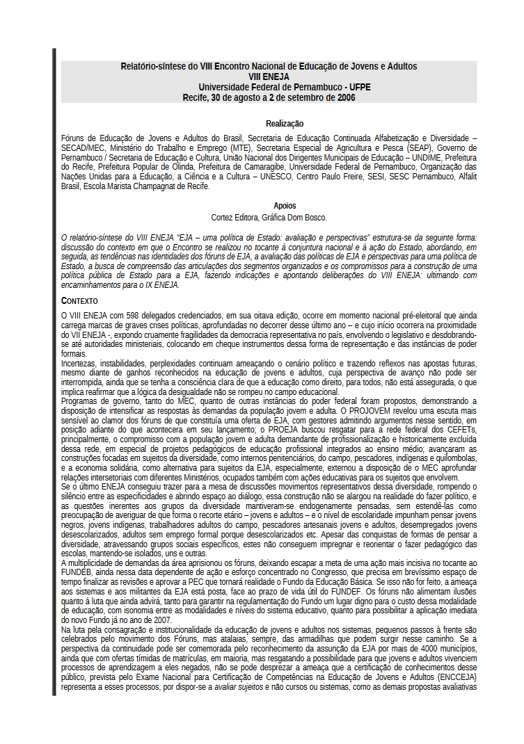 Relatório-síntese do VIII Encontro Nacional de Educação de Jovens e ...