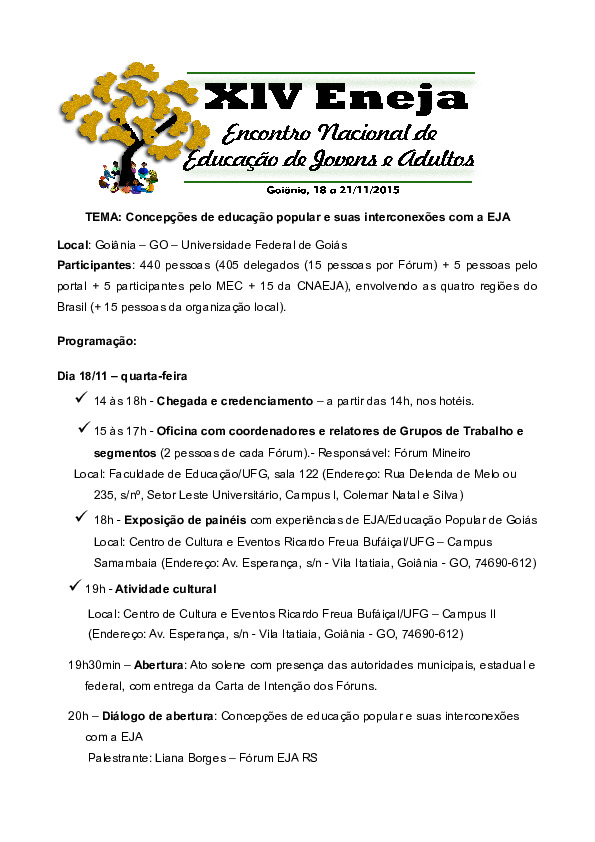 XIV Eneja – Programação e tema – Fórum EJA Brasil